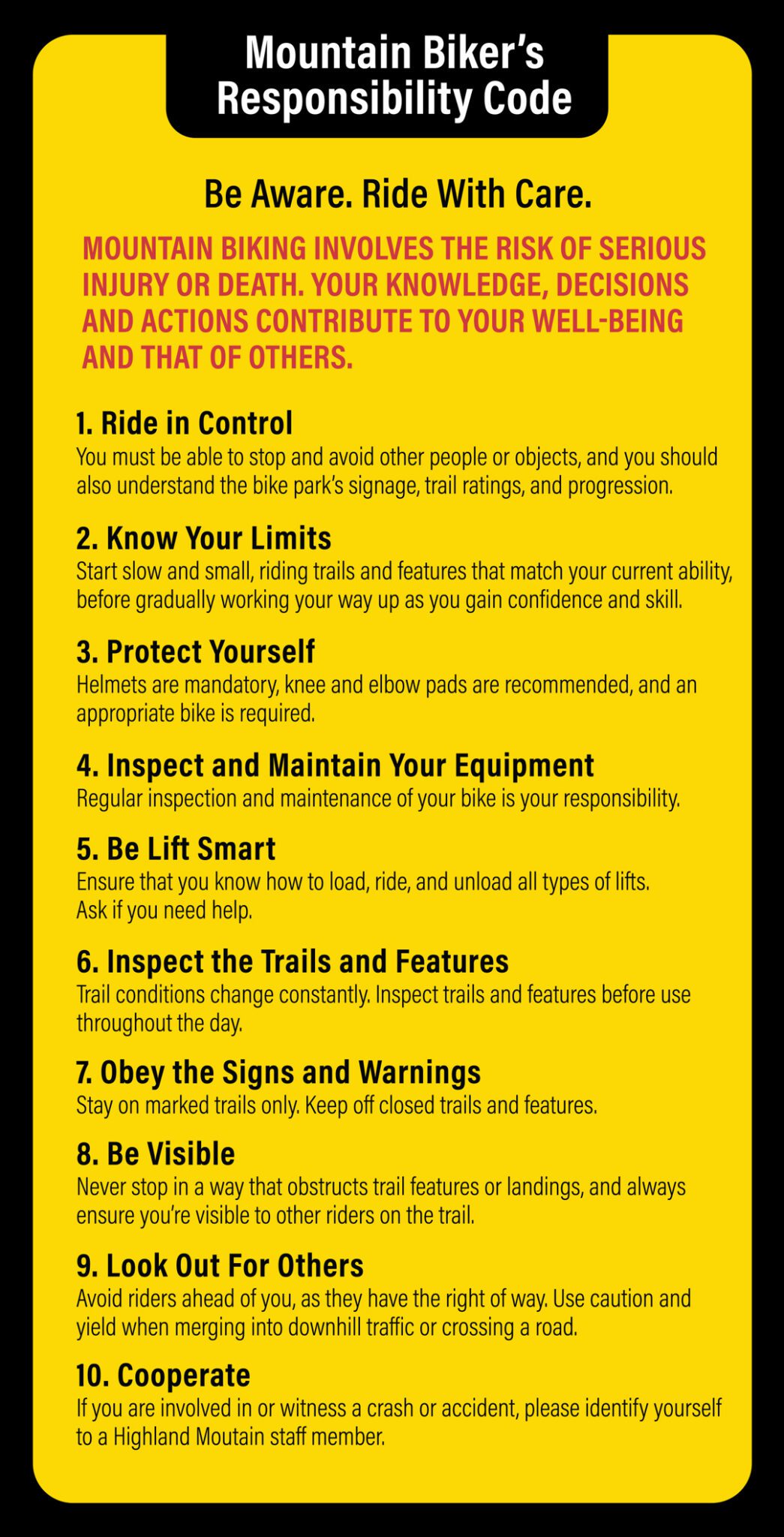Safety / Ride Smart | Highland Mountain Bike Park