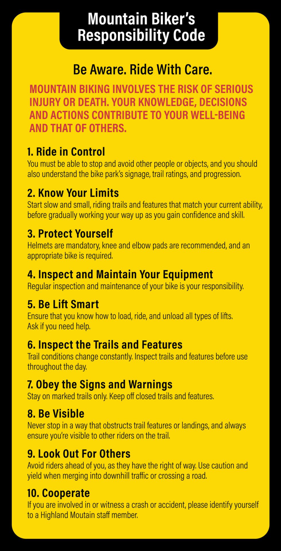 Safety / Ride Smart | Highland Mountain Bike Park